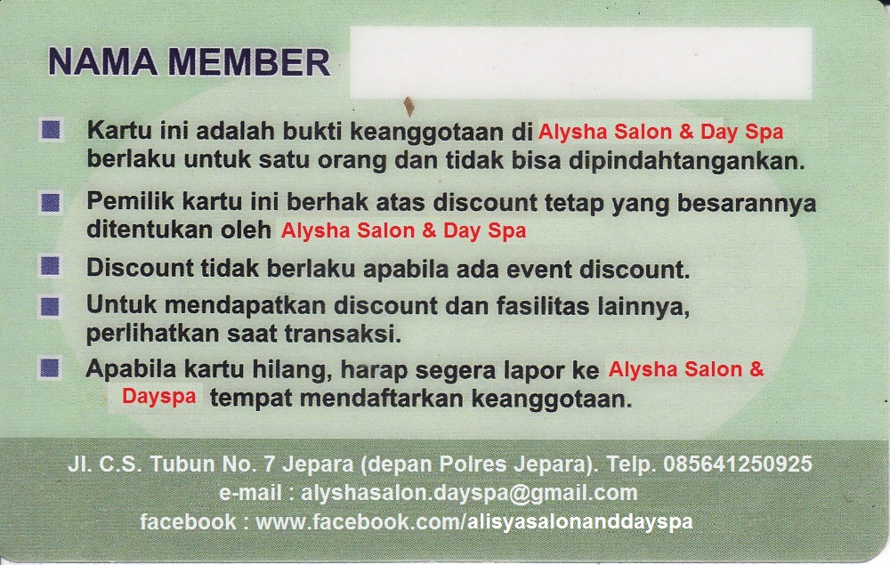 Kartu Member Alysha Salon and Day Spa ~ Alysha Salon and Day Spa