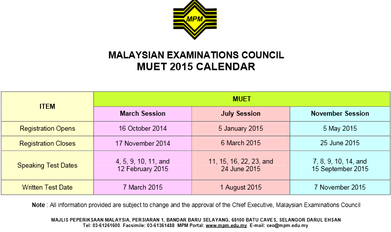 2015年马来西亚大学英语考试时间表（MUET Timetable）