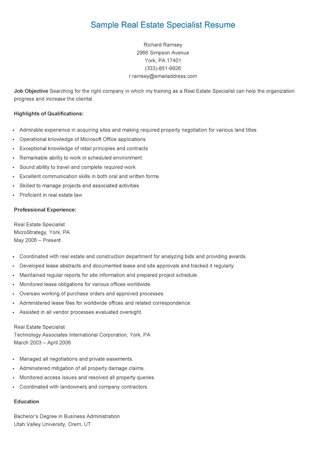 Resume Samples: Sample Real Estate Specialist Resume