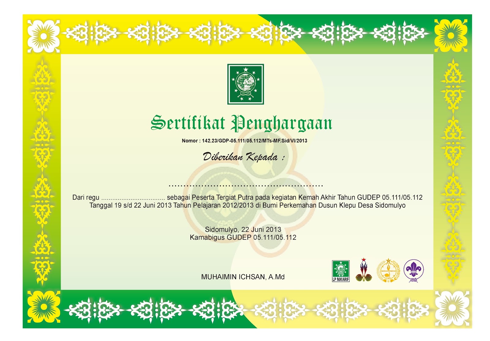 Download desain SERTIFIKAT PENGHARGAAN Format cdr X4 - Jietwo Grafis