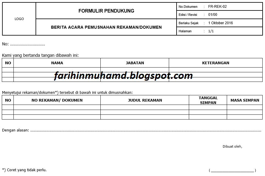 Contoh Form Pendukung SOP Pengendalian Data Rekaman