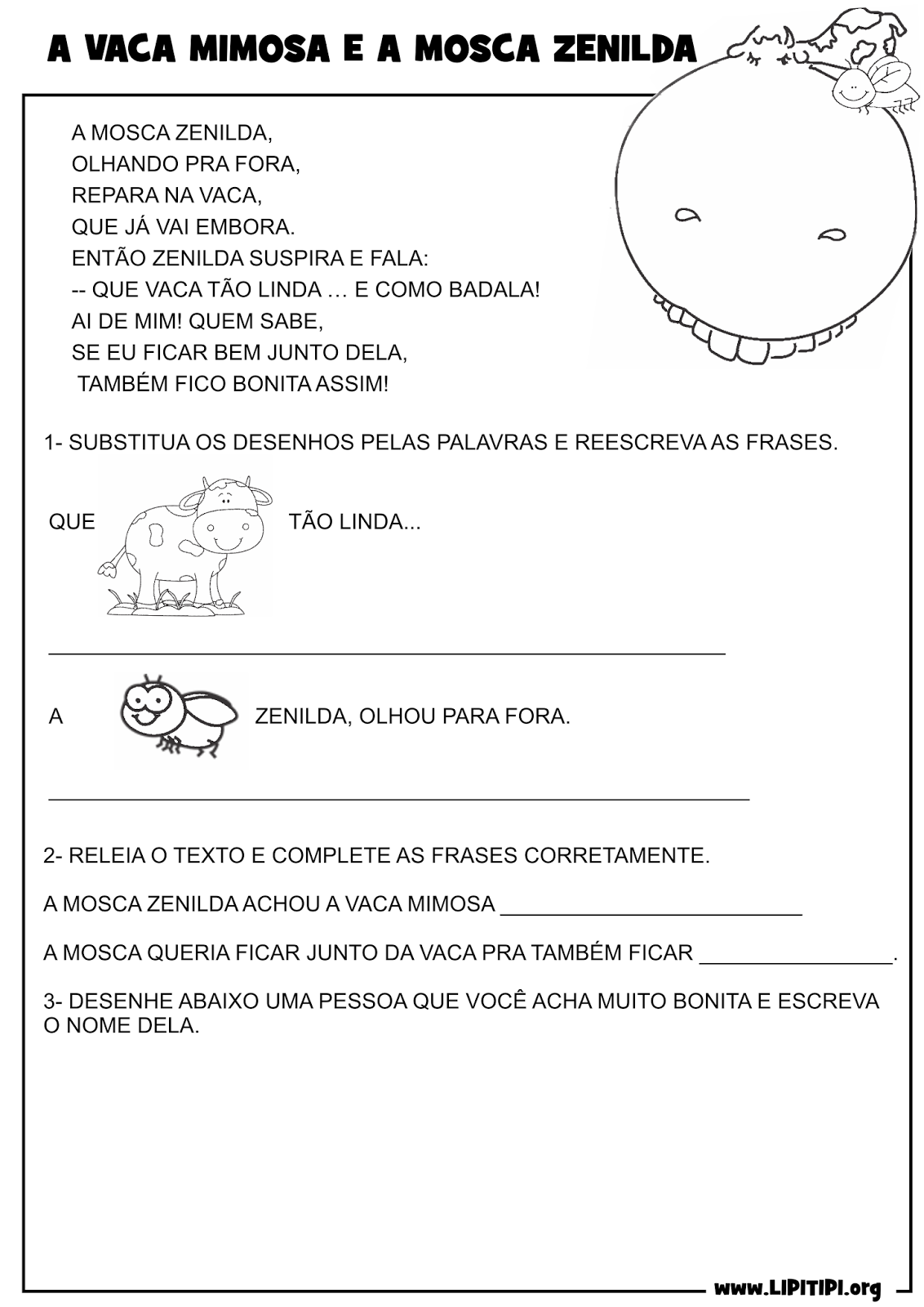 Historia A Vaca Mimosa E A Mosca Zenilda Para Imprimir - Vaca Importante