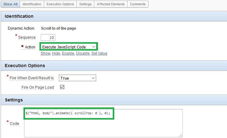 Scroll to the top of the page/report in Oracle APEX