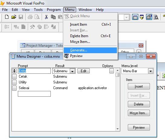 Cara membuat menu di Visual FoxPro (nempel pada formnya)