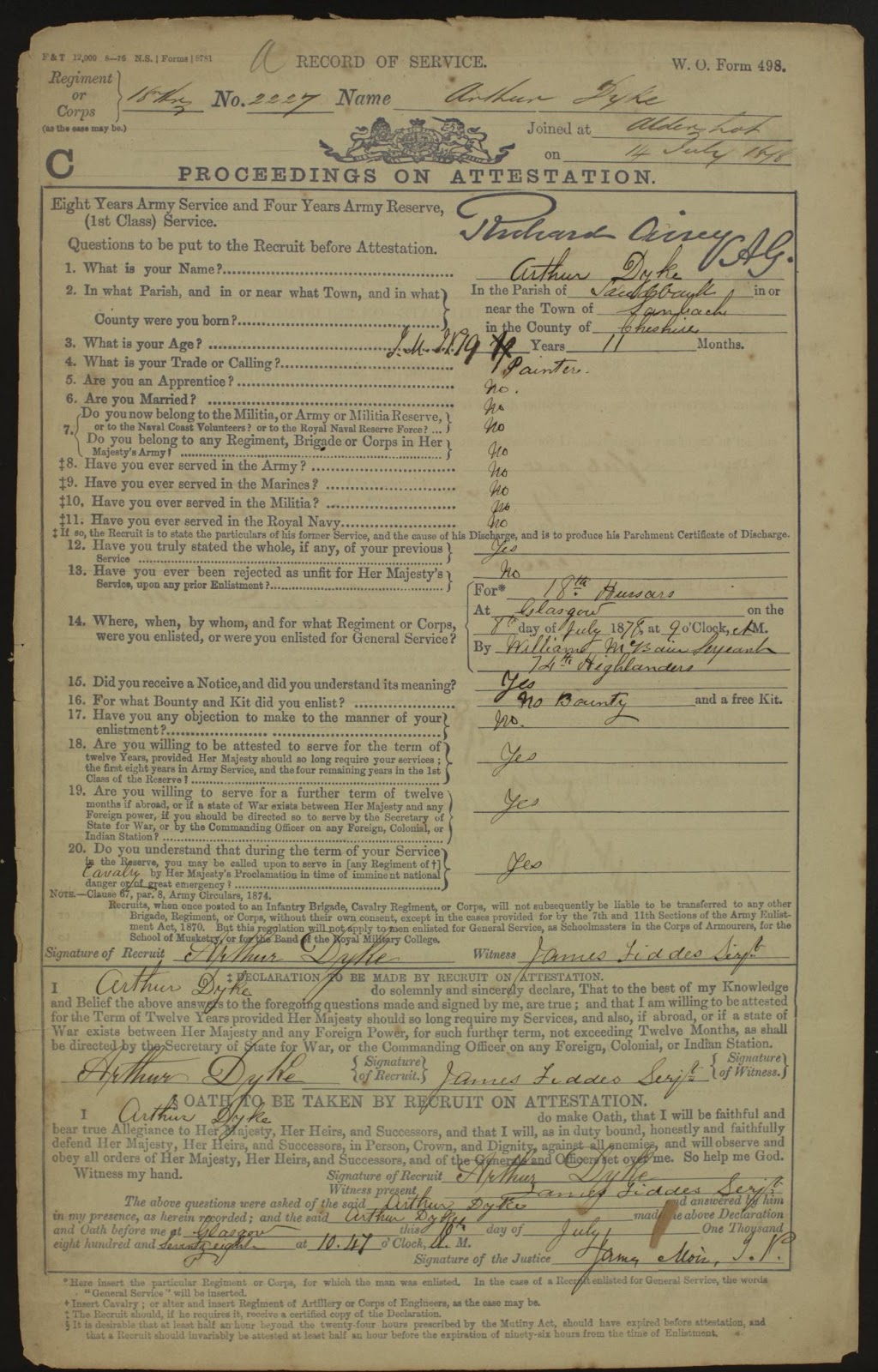 Army Forms & Attestations: WO Form 498 - Attestation 1878
