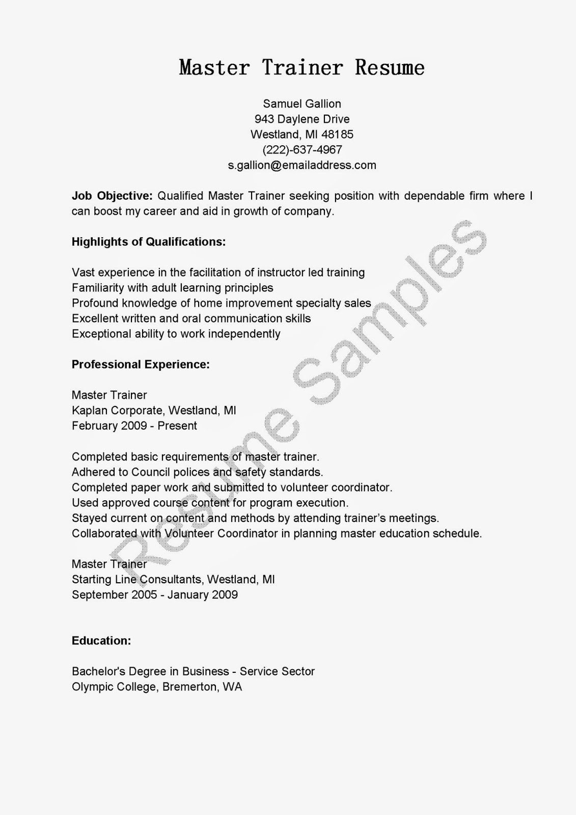 Resume Samples: Master Trainer Resume Sample