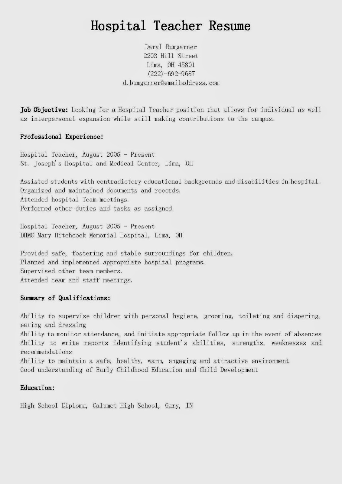 Resume Samples Hospital Teacher Resume Sample Resume Samples Hospital Teacher Resume Sample