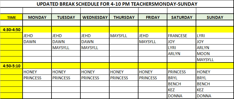 YOKITALK: BREAK SCHEDULE FOR 4-10 PM TEACHERS || UPDATED SEPTEMBER 23,2017