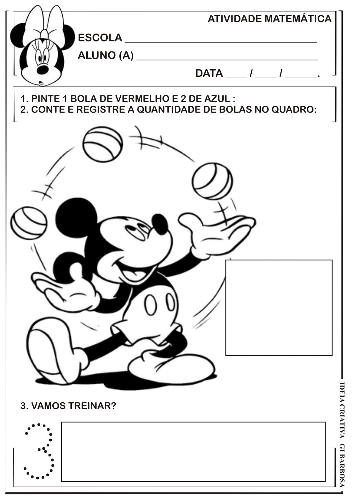 Matemática Infantil: Atividade Numeral 3 Mickey e Minnie