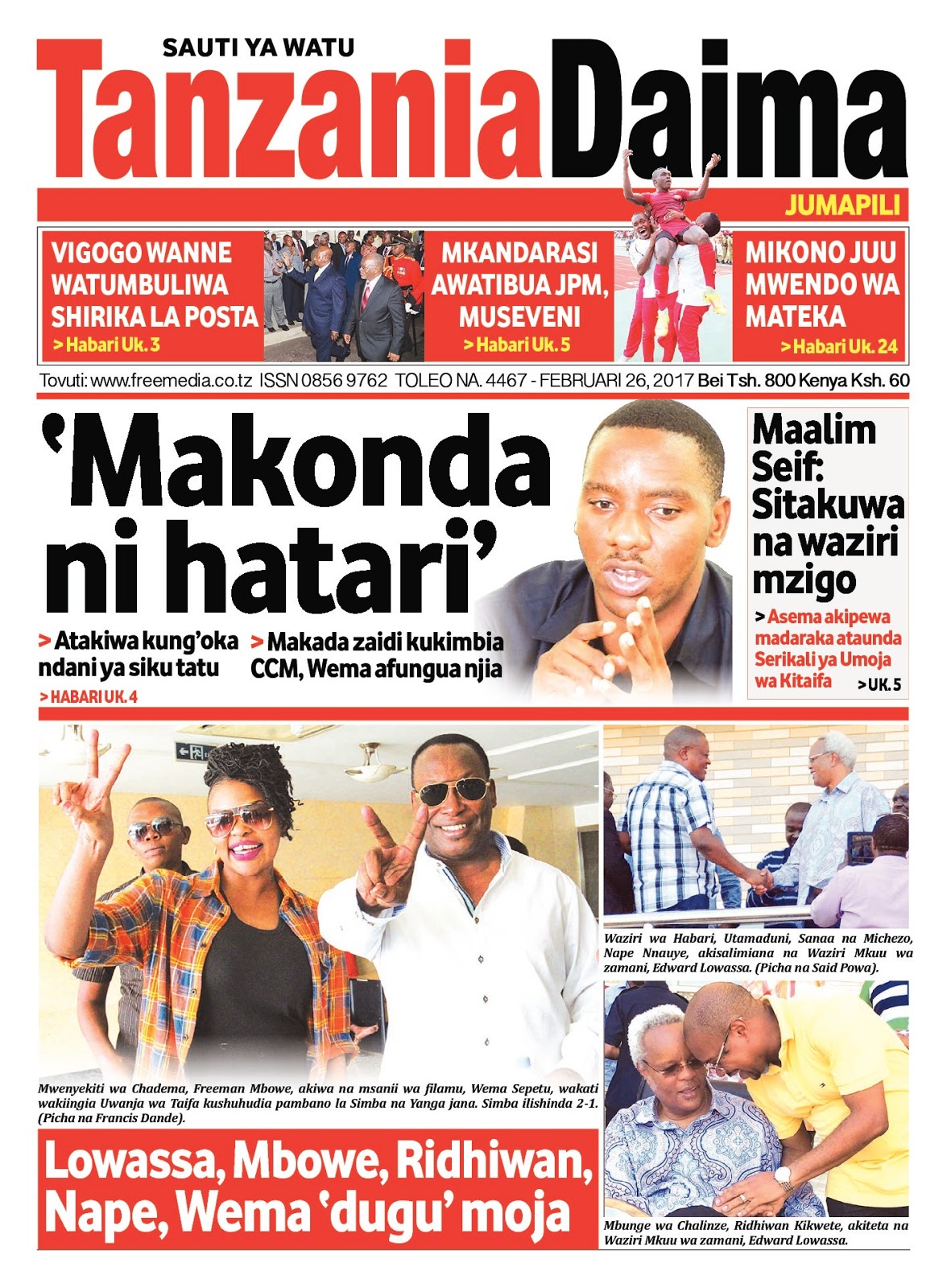 Gazeti la TanzaniaDaima: Makonda ni hatari. Lowasa, Mbowe,Ridhiwan ...
