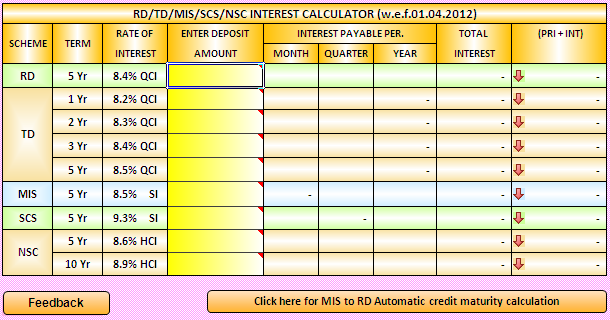 NFPE ERODE: RD/TD/MIS/SCS/NSC INTEREST CALCULATOR..