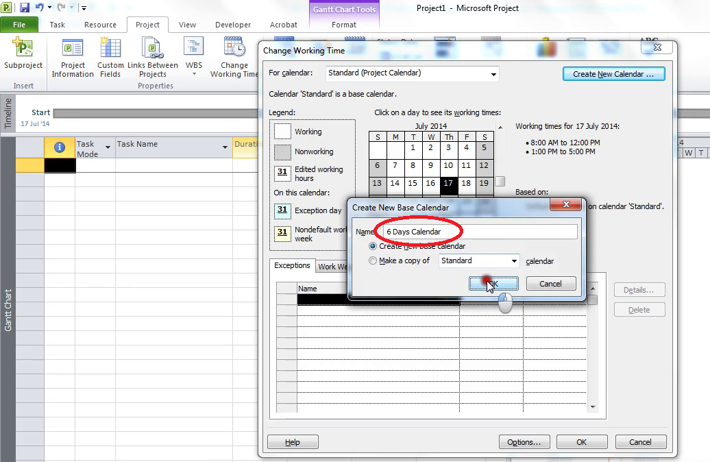 How to set the Global Calendar in MS Project 2010