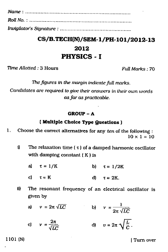 WBUT PH-101 Physics I B.Tech First Year 2012 Question Paper ...