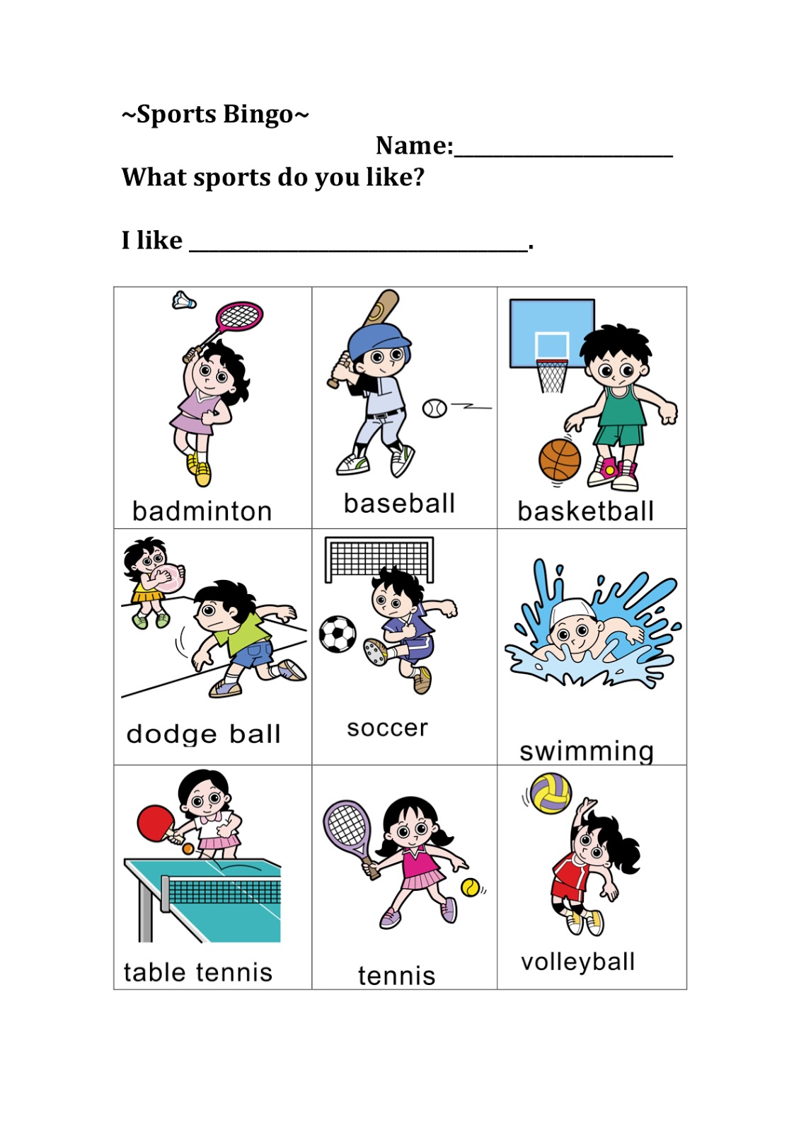 work material: grade 4 sports flash cards & bingo 11/2