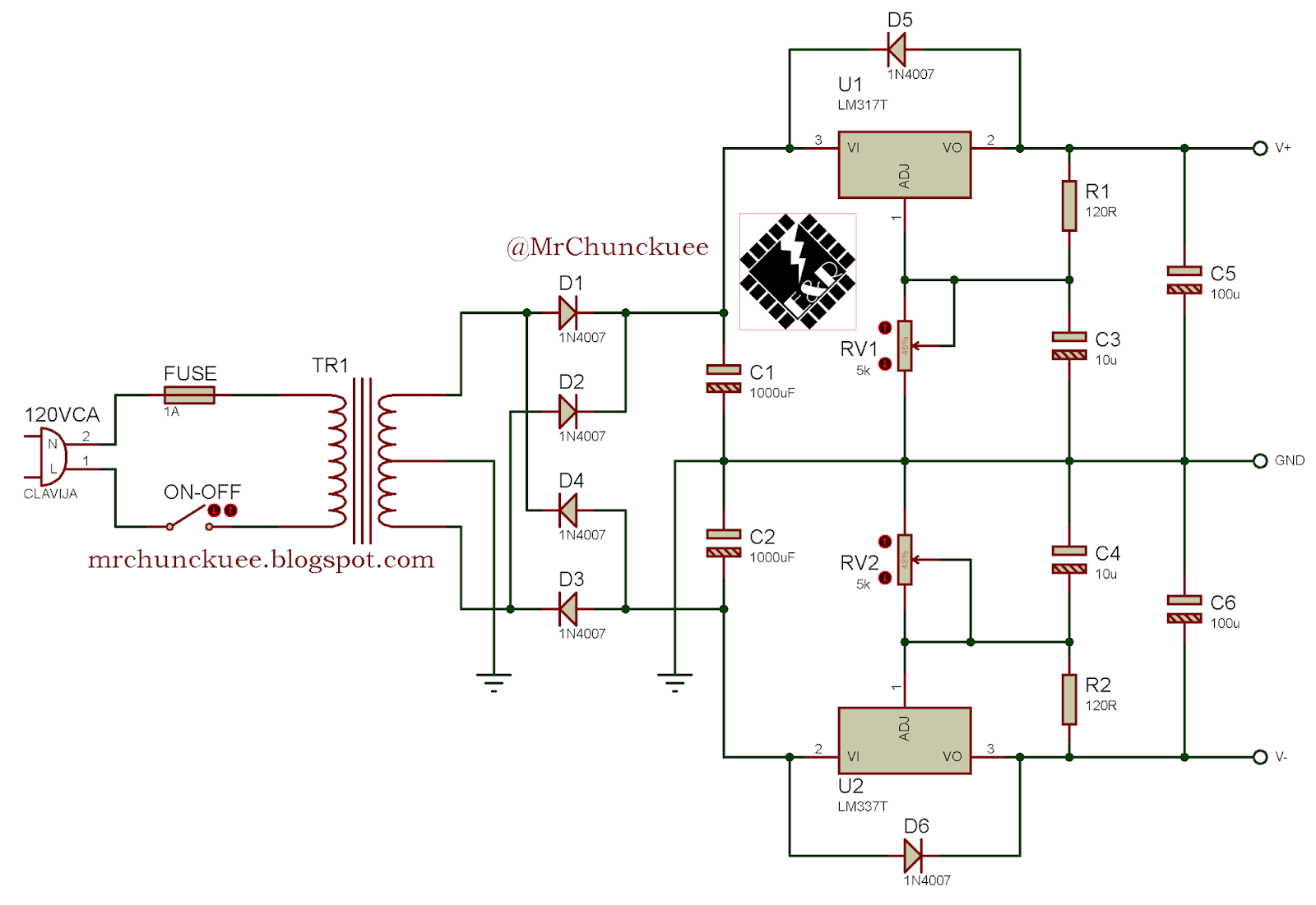 Fuente de alimentación simétrica usando los reguladores LM317 y LM337