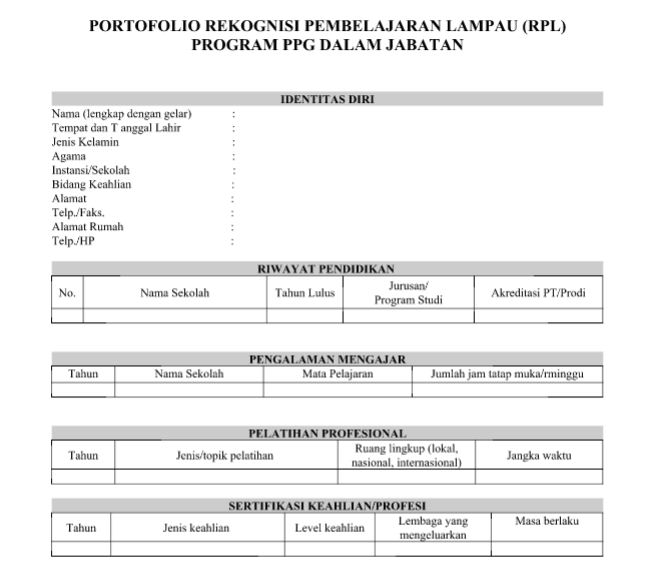 Contoh Format Portofolio Rekognisi Pembelajaran Lampau (RPL)