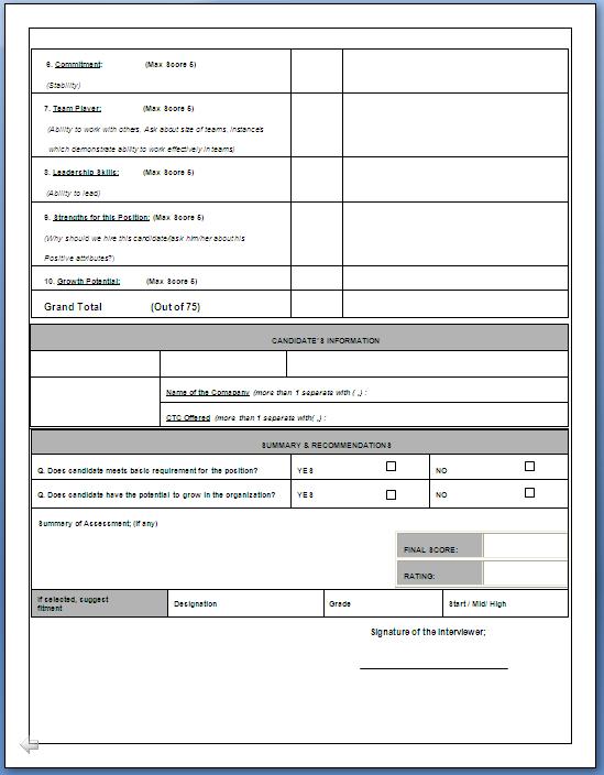 Interview Rating Form in word / doc