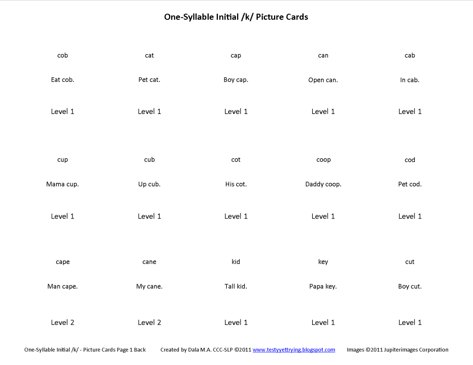 Testy yet trying: Initial K: Free Speech Therapy Articulation Picture Cards