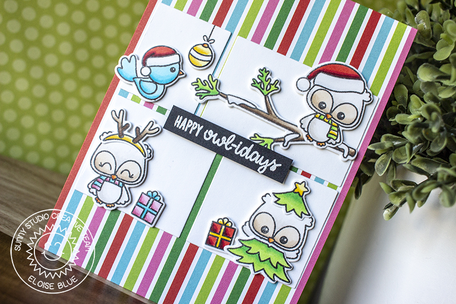 Sunny Studio: Happy Owlidays Colorful Holiday Card with Eloise