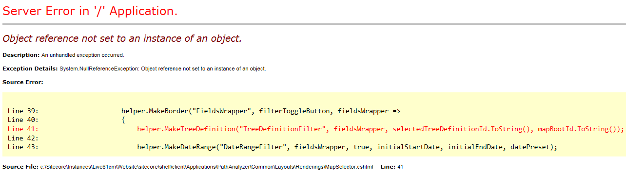 Sitecore And Net Object Reference Not Set Error When Open Path Analyzer In Sitecore