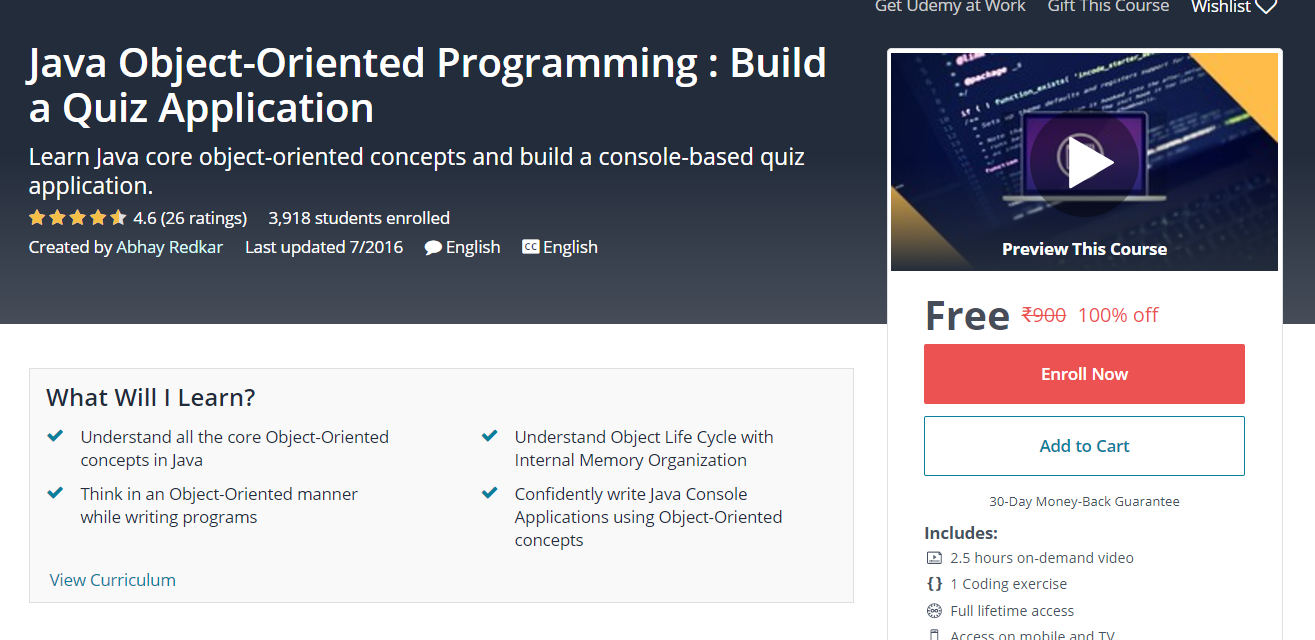 100% OFF - Java Object-Oriented Programming : Build a Quiz Application
