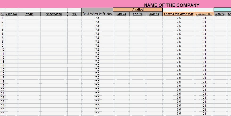 Leave Record Format in Excel