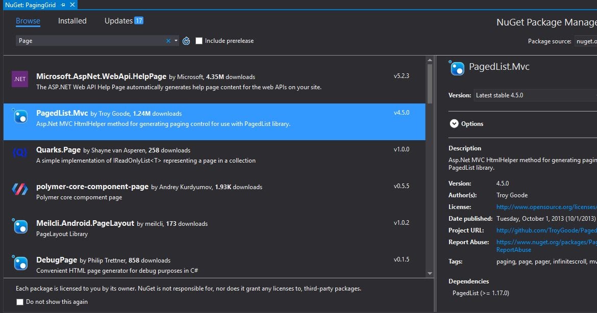 Paging for Grid in MVC Application using PageList