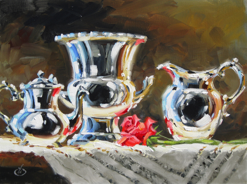 TOM BROWN FINE ART: SILVER PITCHERS, RED ROSE, LACE, 12x16 inch STILL ...