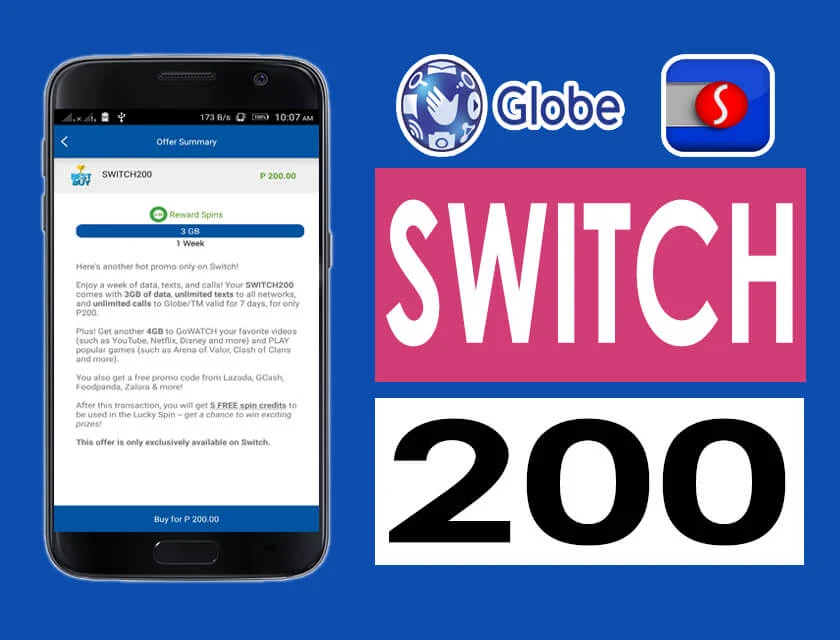 Globe SWITCH200 - 3GB Data, 4GB GoWATCH / Play, Unli call and All-net SMS