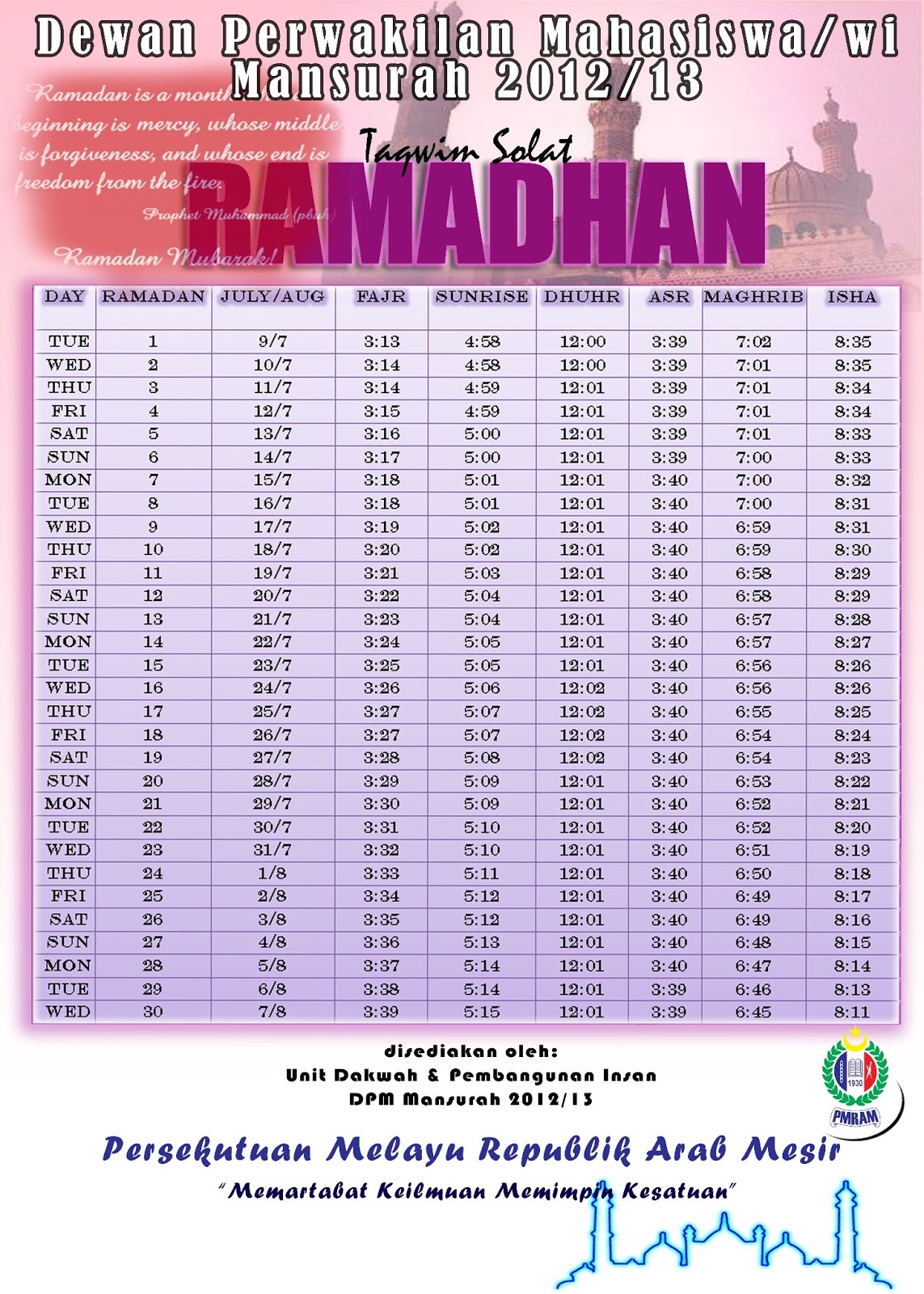 [INFO] TAQWIM SOLAT RAMADAN - LAMAN RASMI : Dewan Perwakilan Mahasiswi ...