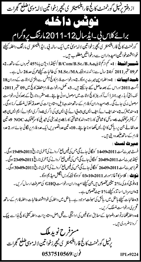 Admission in Pakistan: Govt College for Elementary Teachers Women Lala ...