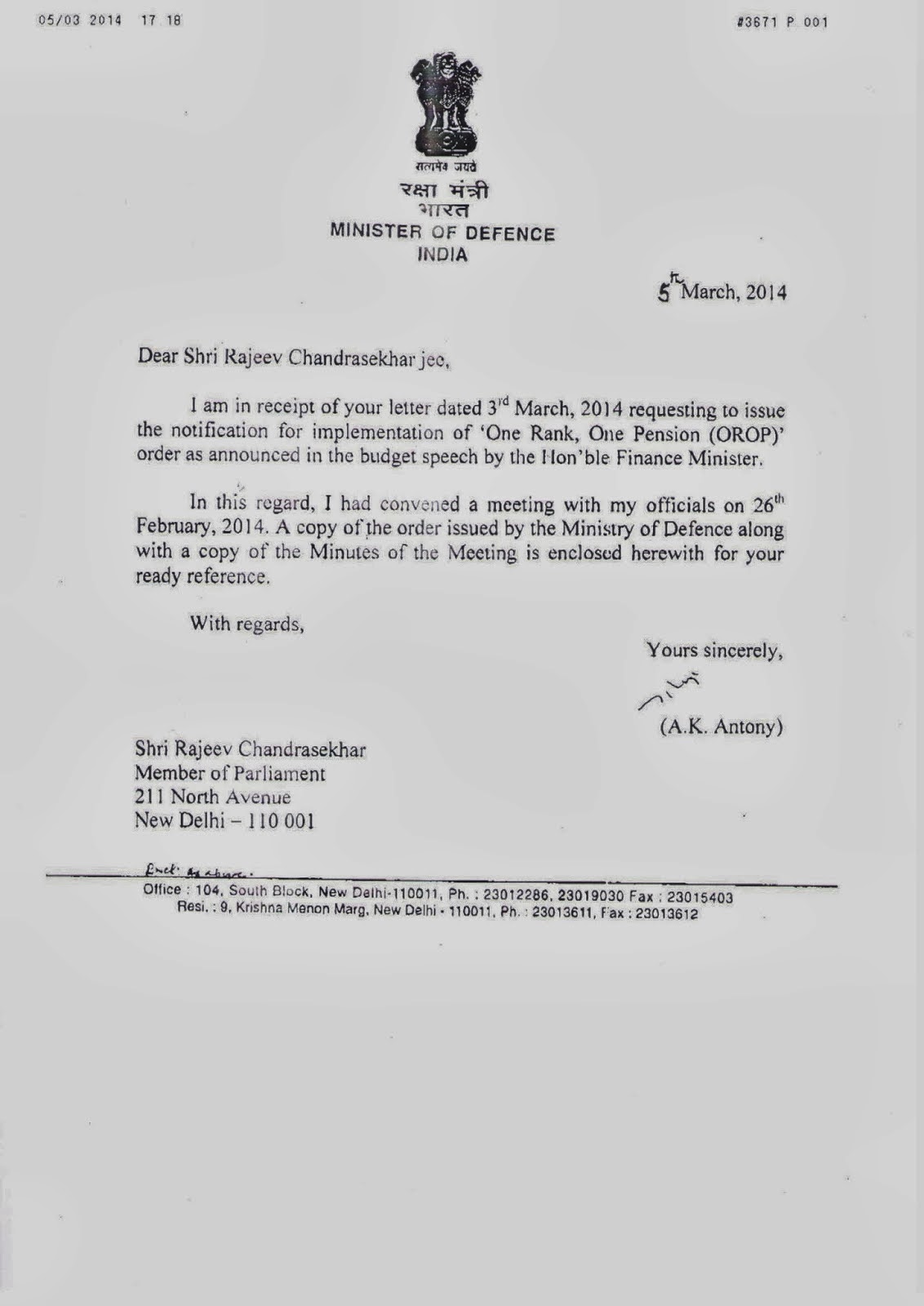 Ex Servicemen Welfare Orop Defence Minister Letter To Sri Rajeev