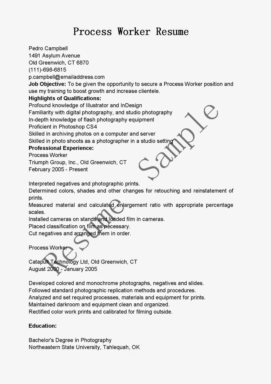 Resume Samples: Process Worker Resume Sample