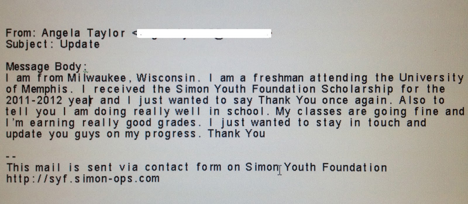 Student letter shows Simon Youth Foundation impact | Simon Youth ...