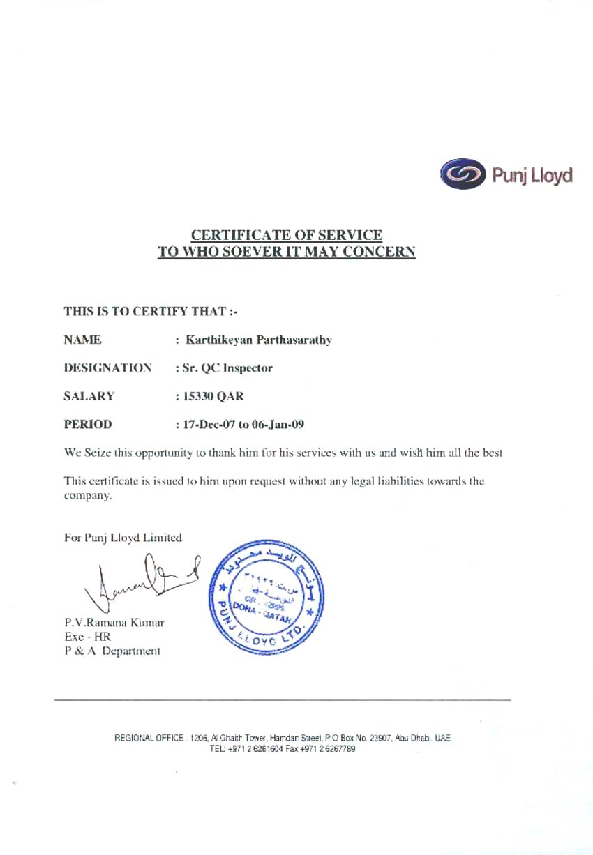 Karthikeyan.P: g)Punj Lloyd Limited