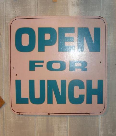 Log Cabin Antiques & Gifts: Open for Lunch sign