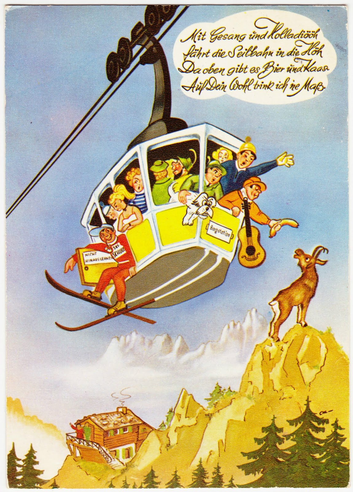 Papergreat: Cartoon postcard from Germany featuring gondola lift and goat