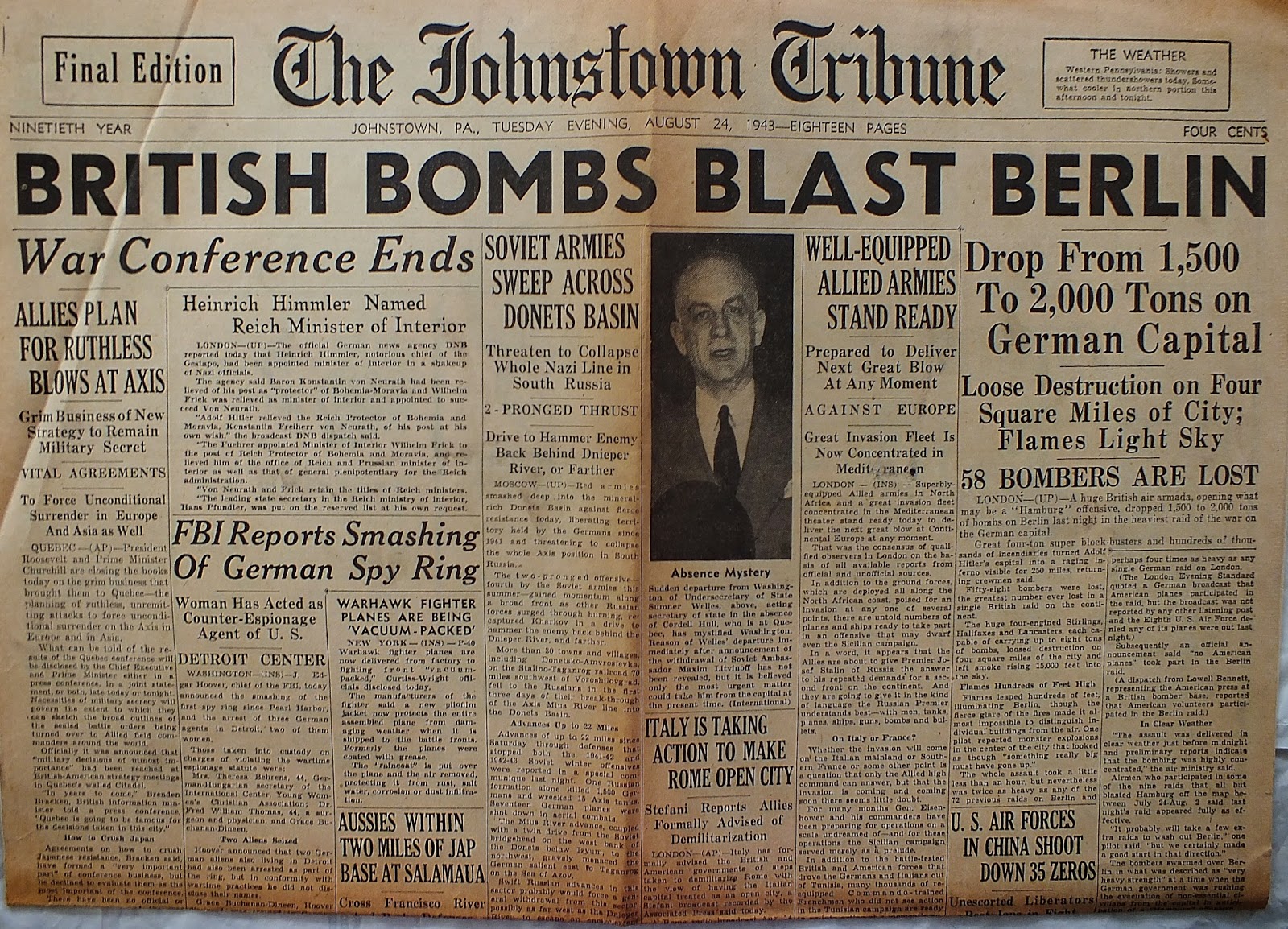 The Johnstown Tribune - WWII: August 24, 1943: BRITISH BOMBS BLAST BERLIN
