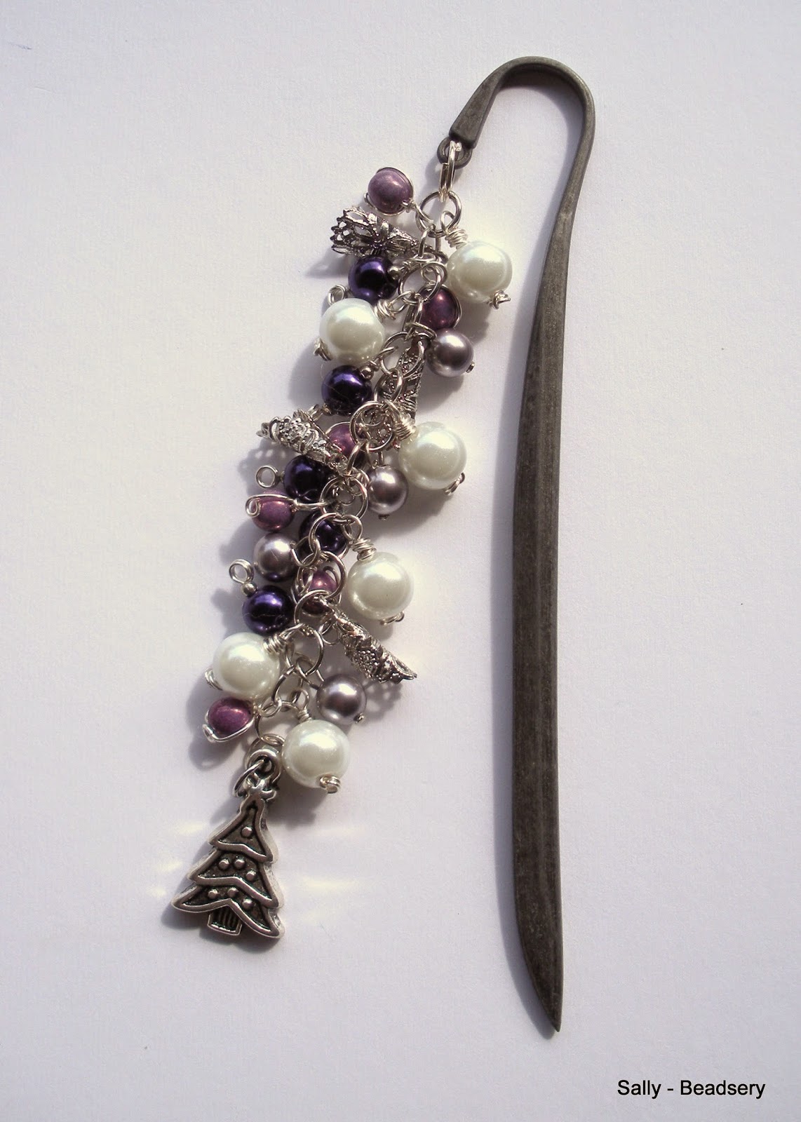 BEADSERY: Purple and White Pearl Bookmark, Book Accessory, Purple Drops