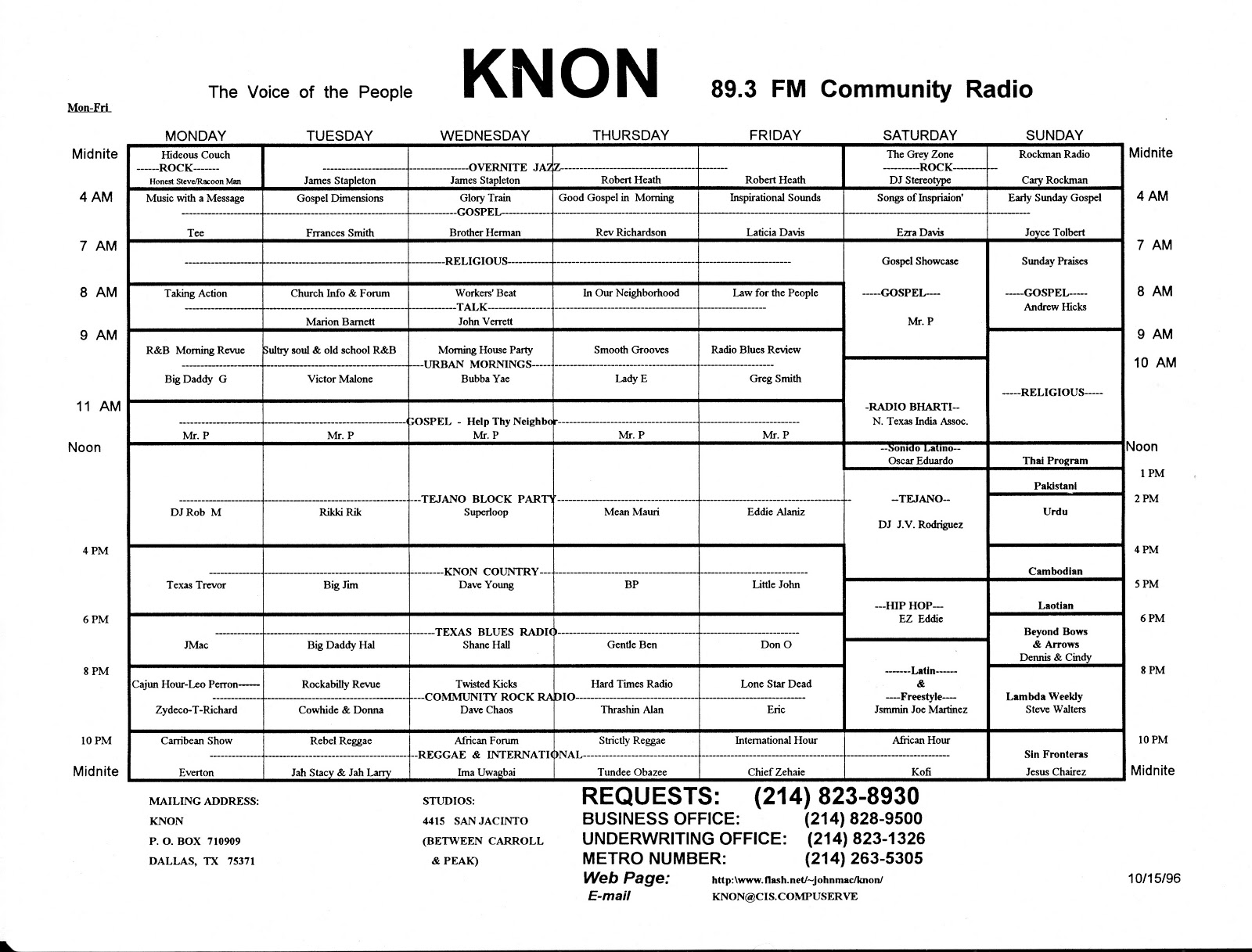 The History of KNON 89.3 FM in Dallas, Texas: KNON program schedules ...