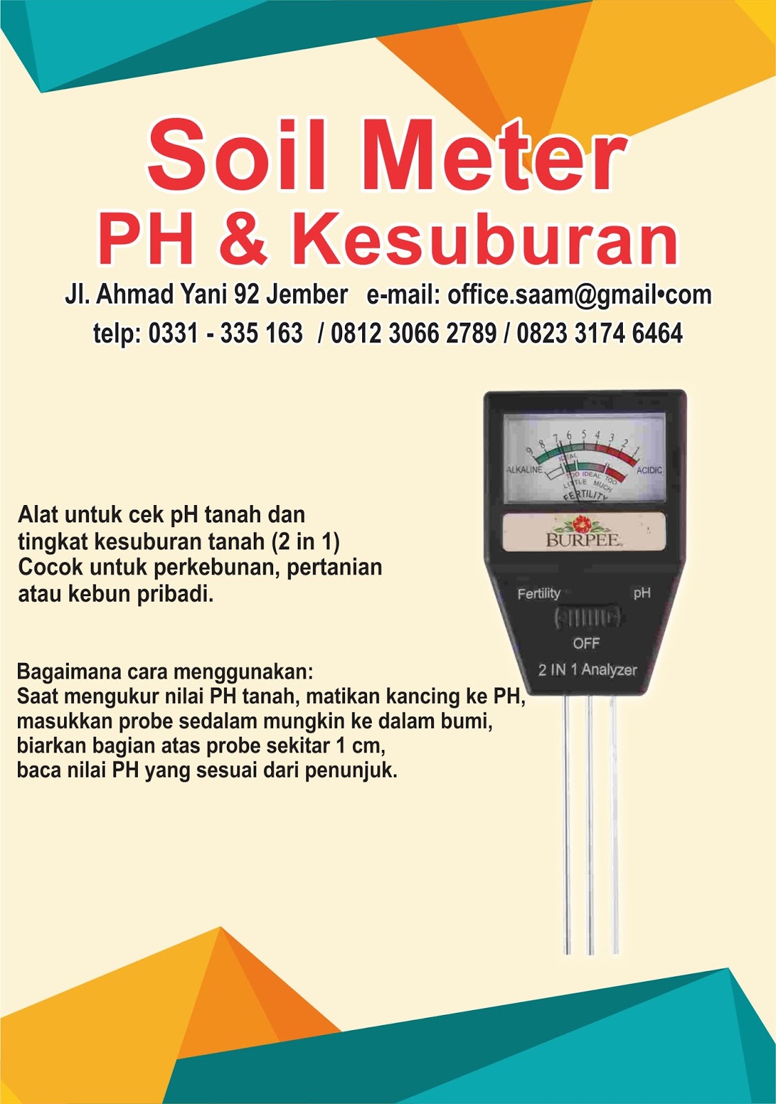 SAAM SOIL METER/PH METER TANAH 2IN1 KADAR PH + KESUBURAN ~ Santoso ...