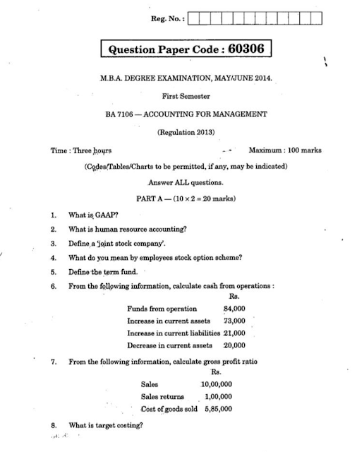 BA7106 Accounting For Management May June 2014 Question Paper ...
