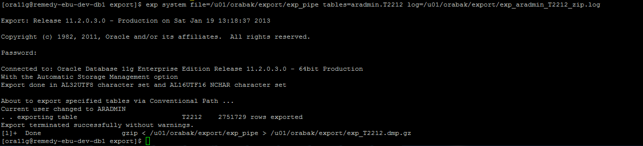 Remote Oracle Database Support : Export dump compression using pipe