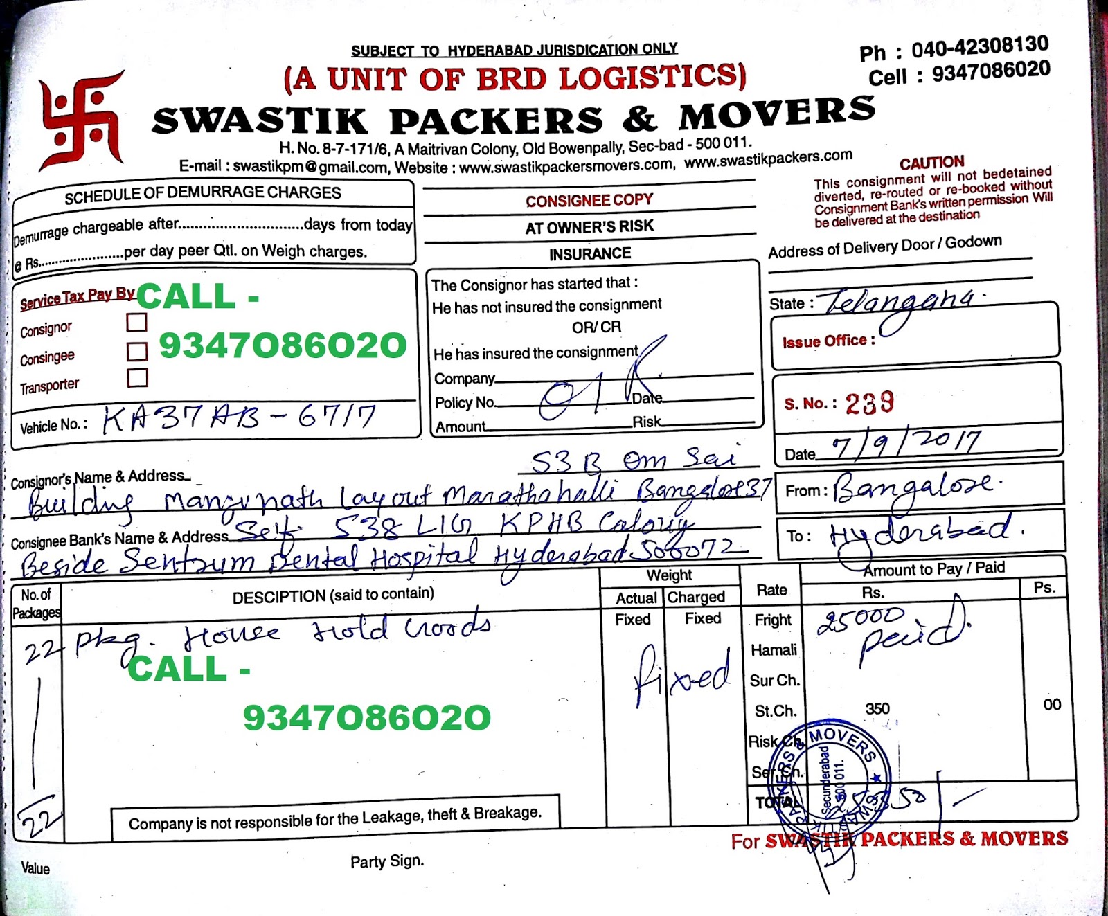 ( +91 9347086020 ) Packers and Movers Bill in Hyderabad | Relocation ...