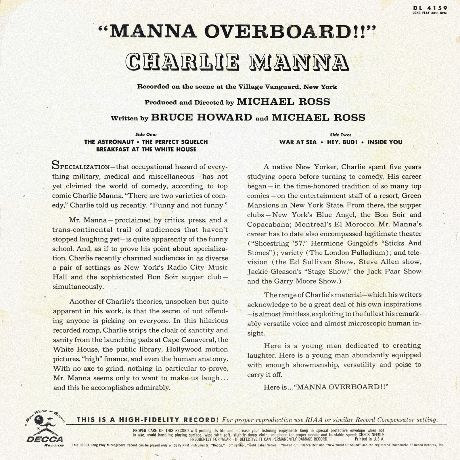 Vintage Stand-up Comedy: Charlie Manna - Manna Overboard 1961