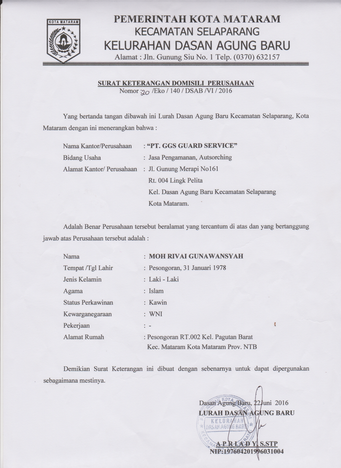 LEGALITAS PERUSAHAAN PT. GGS GUARD SERVICE - GGS Guard Service Mataram