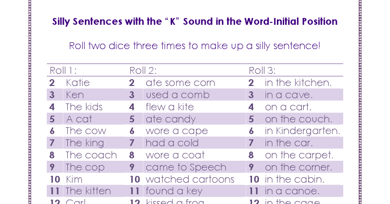 Ms. Lane's SLP Materials: Articulation: Silly Sentences with the K Sound