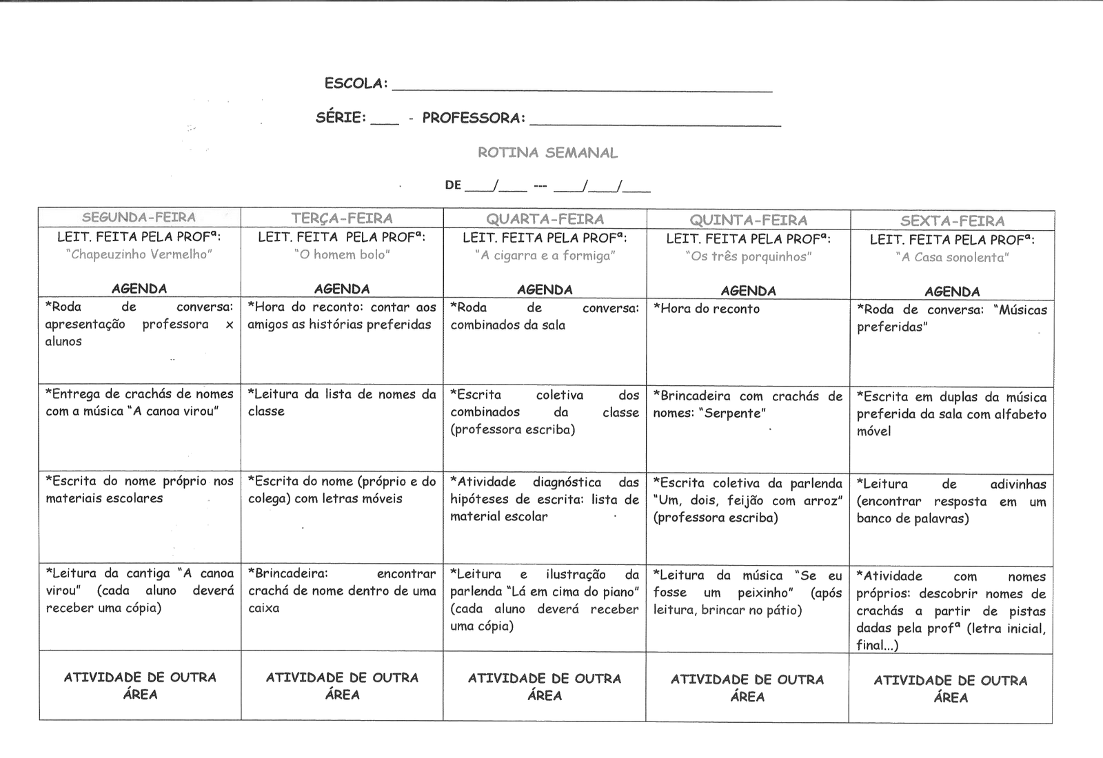 ROTINA SEMANAL SÉRIES INICIAIS ENSINO FUNDAMENTAL ~ Atividade infantil