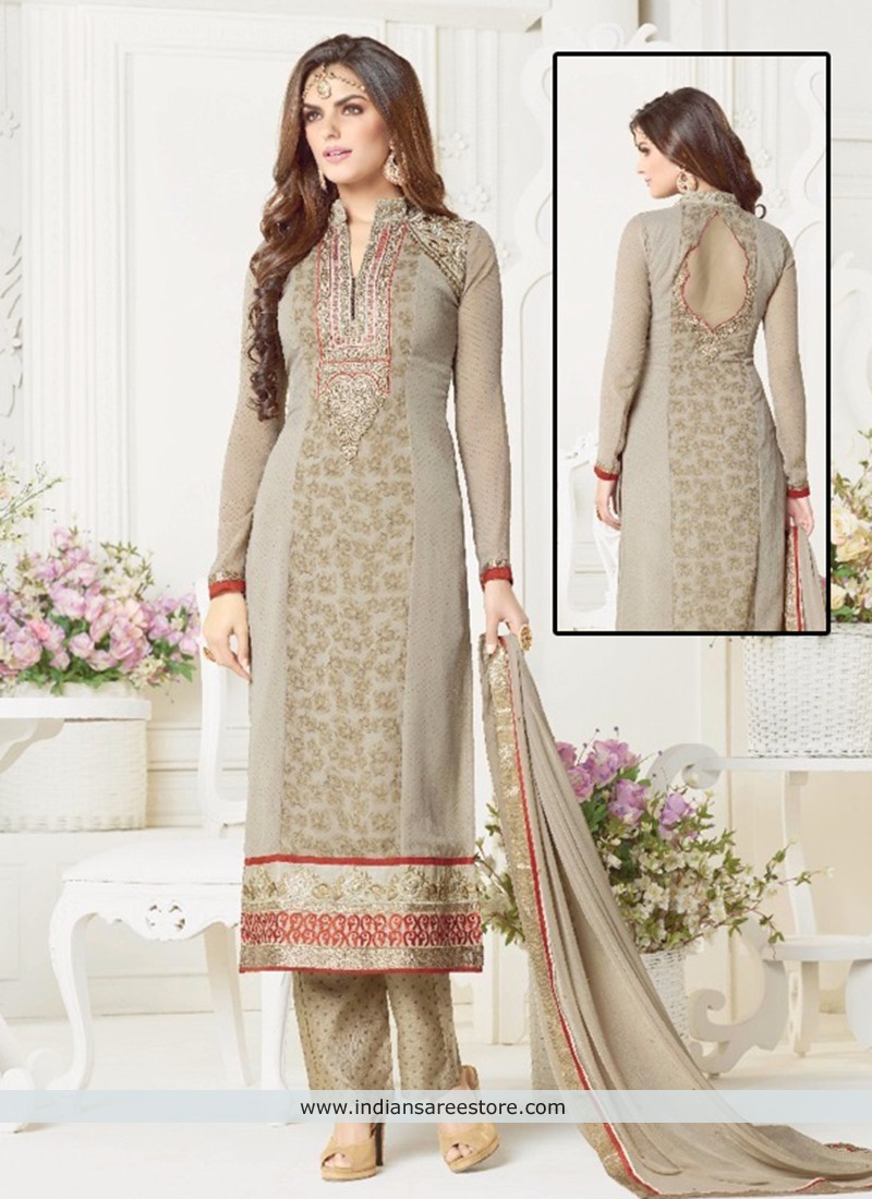 GREY GEORGETTE EMBROIDERED STRAIGHT SUIT