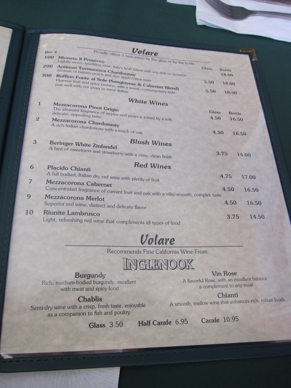 The Radiused Corner Menu Vault: Volare Italian Restaurant